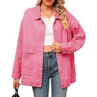 Generic Veste en jean pour femme avec capuche amovible - Style d&eacute;contract&eacute; - Avec boutons - Veste en jean surdimensionn&eacute;e &agrave; manches longues, rose, XXL