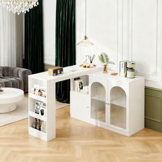 Generic 360° drehbarer Bartisch 120×40×97 cm in Weiß | Moderner Barschrank mit Glastür | Multifunktionaler Aufbewahrungsschrank | Als Esstisch & Bar nutzbar