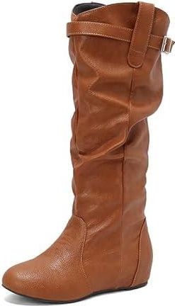 Generic Bottes plates molles pour femme à talon bas, mode vintage, confortable, large mollet, solide, décontractée, robe à talons plats, bottes dautomne et dh
