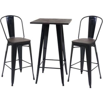 Hhg Set Stehtisch + 2x Barhocker HHG 407 inkl. Holz-Tischplatte, Barstuhl Bartisch, Metall Industriedesign, mvg schwarz