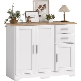 HOMCOM Buffet salon, meuble de rangement avec 2 tiroirs, 3 portes et &eacute;tag&egrave;re r&eacute;glable, 100 x 40 x 78 cm, blanc et bois naturel-Blanc
