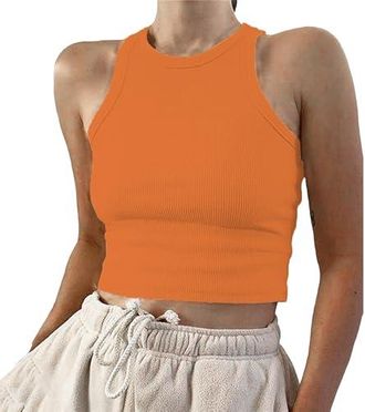 Generic Débardeurs côtelés basiques pour femmes, garde-robe dété, débardeurs courts côtelés sans manches à col rond, hauts dété décontractés basiques, chemise