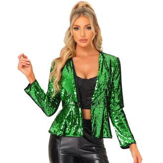 Allegra K Damen Langarm Pailletten Glitzerjacke Partyjacke Knopfleiste Sequin Jacke Schwarz Gr&uuml;n XL