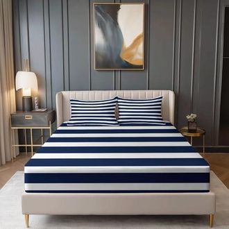 Generic Drap Housse 90 x 190 cm - Bonnets 30 cm pour &Eacute;pais, R&eacute;tro et Simple Blocs de Couleurs Ray&eacute;s Parure de Lit en Microfibre, avec Rebord &Eacute;lastique Blanc L