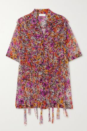 Dries Van Noten Chemisier En Cr&eacute;pon De Soie &Agrave; Imprim&eacute; Fleuri Et &Agrave; Volants - Violet