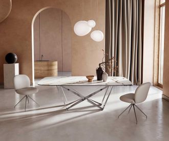 DELIFE Esstisch Edge Boot 240x120 Keramik Calacatta Luxe Weiß-Gold-Grau Spider Flachstahl Edelstahl, Esstische