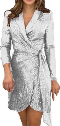 Generic Robe de Fete Femme - &Eacute;l&eacute;gante Col en V Manches Longues Paillettes Mini Robe de Soir&eacute;e Mariage Cocktail Chic C&eacute;r&eacute;monie Courtes