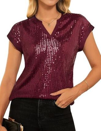 Grace Karin Hauts &agrave; Paillettes pour Femmes FR Col en V Manches Courtes Blouse de F&ecirc;te &Eacute;tincelante, rouge vin, XXL