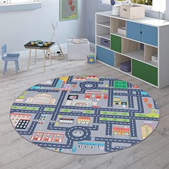 Paco Home Tapis Enfant Rond Gris Chambre Enfant Tapis De Jeux Route Moderne Gar&ccedil;on Fille, Dimension:160 cm Rond, Couleur:Gris