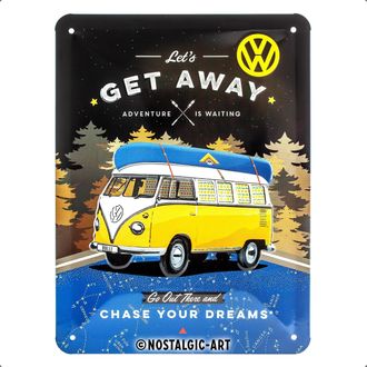 Nostalgic Art Retro Blechschild, 15 x 20 cm, VW Bulli - Lets Get Away Night - Volkswagen Bus Geschenk-Idee, Original Lizenzprodukt (OLP), aus Metall, Vintage Design