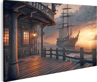 Islandburner Prime Bild auf Leinwand Piratenhafen Taverne mit Blick auf alte Segelschiffe Meer Sonnenunterg Bilder Wandbilder Poster