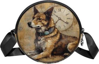 Generic Sac &agrave; bandouli&egrave;re rond pour femme, motif chien vintage, petit sac &agrave; bandouli&egrave;re avec fermeture &eacute;clair, bretelles r&eacute;glables, sac &agrave; main rond d&eacute;contract