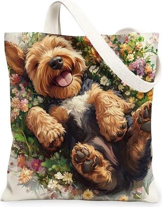 Generic Sac fourre-tout en toile motif chien Airedale Terrier de printemps 33 x 38,1 cm, joli champ de fleurs r&eacute;utilisable, sac d&eacute;picerie pour femme, peinture