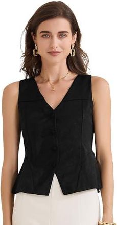 Allegra K Gilet de Costume Femme Blazer sans Manches Décontracté Veste DAffaires Boutonnée Entièrement Doublée Tenue Habillée Noir XL