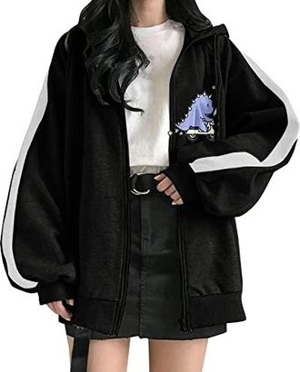 Generic Vestes d&eacute;contract&eacute;es &agrave; capuche pour femmes 2026 avec fermeture &eacute;clair et poche &agrave; cordon de serrage imprim&eacute; dinosaure, Noir, S