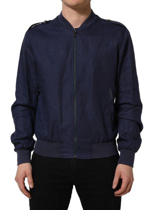Dolce & Gabbana Blue Linen Full Zip Men Bomber Jacket Clothing