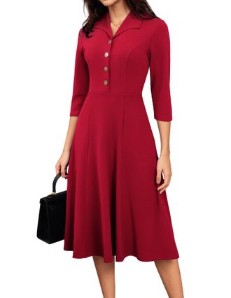Grace Karin Damen Vintage A-Linie Kleid mit Reverskragen Metallknopf Kleid mit Knopfleiste Dunkel Rot XXL