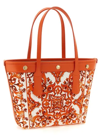 Dolce & Gabbana Womens Maiolica-Print Canvas Tote Orange Cotton Leather Pvc