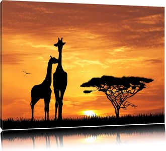Pixxprint Giraffen im Sonnenuntergang, Größe: 100x70cm, Leinwandbild, fertig gespannt, Wandbild, Dekoration, Kunstdruck, kein Poster