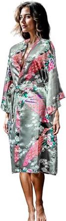 CCCollections Kimono Motif Paon et Fleurs, 16 Couleurs différentes, Lingerie, Nuisette, Robe de Chambre, Demoiselle dhonneur, Enterrement de Vie de Jeune Fille (Gri