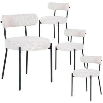 Altobuy Altobuy - loana - Lot de 4 Chaises Tissu Boucl&eacute; Blanc Chin&eacute; Dossier et Pieds M&eacute;tal Noir