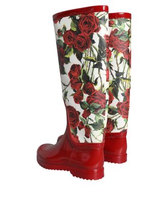 Dolce & Gabbana Womens Red Floral Rubber Knee High Flat Boots Shoes