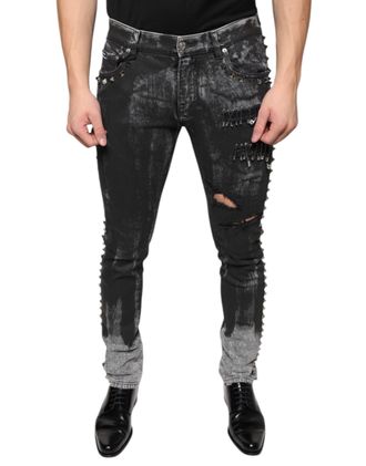 Dolce & Gabbana Mens Black Embellished Cotton Skinny Denim Jeans Elastane Clothing