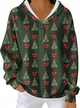 Generic Cardigan de Noël à capuche boutonné pour femme - Haut de Noël amusant - Imprimé de Noël - Veste à capuche surdimensionnée - Vêtements de sport - Costu