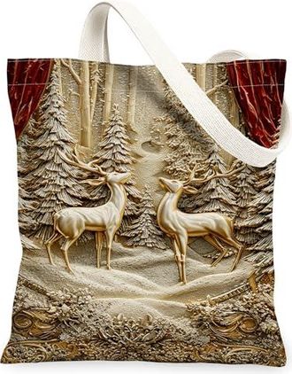 Generic Sacs fourre-tout en toile avec motif de renne, motif for&ecirc;t vintage, sacs d&eacute;picerie, sacs d&eacute;picerie r&eacute;utilisables, rustiques, l&eacute;gers et lavables avec b