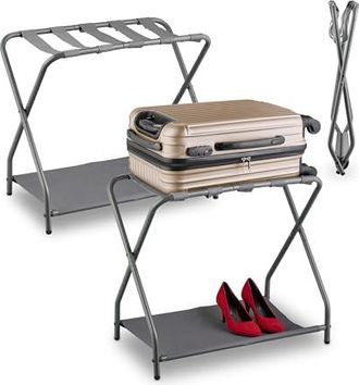 Relaxdays Kofferständer, 2er Set, klappbar, Gepäckständer mit Ablage, HBT: 58x66x38 cm, Kofferablage, Hotel, Stahl, grau