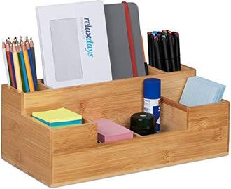 Relaxdays Schreibtisch Organizer, 7 Fächer, Bambus-Organizer, Büro, Küche, Bad, Tischorganizer HBT 11x30x15cm, Natur