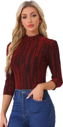 Allegra K Damen Glitzer Shirt Langarm Stehkragen Metallic Streifen Pailletten Pullover Oberteile Bluse Rot XL