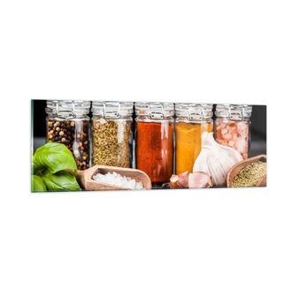 Arttor Panorama Bilder auf Glas Gew&uuml;rze Knoblauch Holz Salz Glasbild 90x30cm Wandbilder Dekoration Wohnzimmer Schlafzimmer K&uuml;che Klein Wanddeko Bild im Glas 