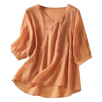 Generic Chemisiers en lin pour femme &agrave; manches 3/4 vintage avec broderie boutonn&eacute;e et manches courtes - Hauts d&eacute;contract&eacute;s pour femme - V&ecirc;tements boh&egrave;mes, Rou