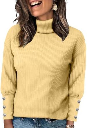 Generic Pull Femme Hiver Chaud col Montant D&eacute;contract&eacute; Manche Longue Couleur Unie Jumper Pull Femme Chic et El&eacute;gant Mode Ample Sweatshirts Jaune