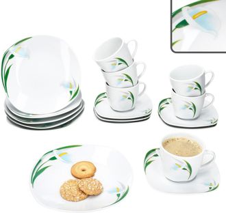 MamboCat 18tlg Kaffeeservice White Calla I Florale stilvolle Porzellan-Geschirr mit Blumen-Dekor für 6 Personen I Je 6X Tassen 150ml, Untertassen & Teller für 