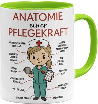 OM3 Anatomie einer Pflegekraft Kaffee-Tasse mit Spruch - Dankesch&ouml;n f&uuml;r Krankenschwester, Pflegerin & Altenpflegerin - Keramik Becher - 325ml - Beidseitig