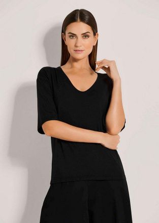 Madeleine Kurzarmshirt Kurzarm Sommer-Shirt mit V-Ausschnitt Melierte Optik und modische Blende am Ausschnitt