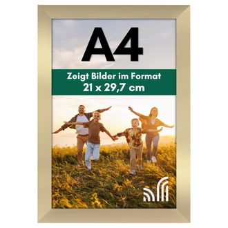 Americanflat Bilderrahmen A4 Gold - DIN A4 Bilderrahmen aus Verbundholz mit Bruchsicherem Glas - Horizontale und Vertikale Formate f&uuml;r die Wand und den Tisch
