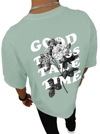 TOMWELL Oversized Tshirt Herren Rundhals Kurzarm Lose Sommer Oberteile Mode T-Shirt mit Backprint Vintage Drucken Streetwear Sport Casual Lang Tops A Gr&uuml;n XL