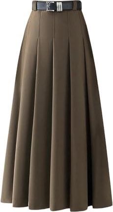 Generic Jupe longue en laine pour femme, taille haute, pliss&eacute;e, coupe ajust&eacute;e, automne-hiver 2023, caf&eacute;, M
