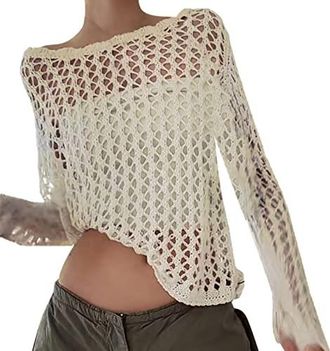 Generic Chandail au crochet léger pour femme - Chandail dautomne transparent pour femme - Tricot confortable et ample à col rond en maille unie à manches long