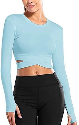 ORANDESIGNE T-Shirt Femme Sport Top Courts Activewear à Manches Longues Pilate Yoga Entraînement Fiteness Running Crop Tops A Bleu M