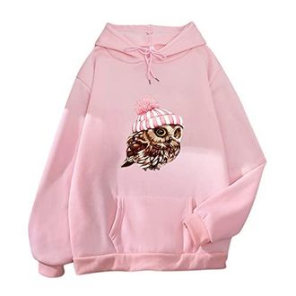 Generic Sweat &agrave; capuche mignon &agrave; manches longues pour femme, imprim&eacute; hibou, imprim&eacute; animal, haut pour adolescentes, v&ecirc;tements esth&eacute;tiques, rose, 3XL