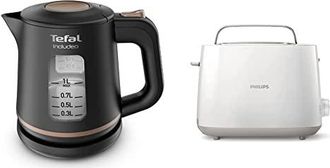 T-fal KI5338 Includeo Wasserkocher | 1 L | Anti-Rutsch-Griff | einfach abzulesende Wasserstandsanzeige | 360°-Drehsockel, Schwarz/Kupfer & Philips Toaster -