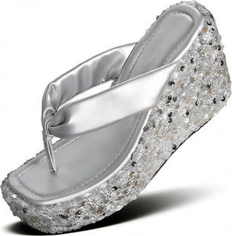 Generic Tongs &agrave; paillettes pour femme - Tendance - Bout ouvert - Talon compens&eacute; - Pour la plage, les vacances d&eacute;t&eacute;, Argent&eacute;., 39.5 EU