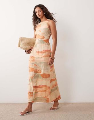 Asos Robe longue cintr&eacute;e &agrave; la taille en coton et lin &agrave; imprim&eacute; coucher de soleil-multicolore