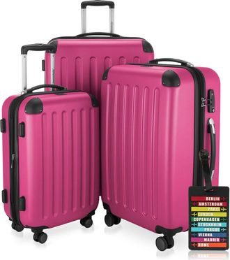 HAUPTSTADTKOFFER Spree - 3er Koffer-Set + Kofferanhänger - Handgepäck 55 cm, mittelgroßer Koffer 65 cm, großer Reisekoffer 75 cm, TSA, 4 Rollen, Magenta