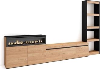 Skraut Home | Wohnwand Wohnzimmer | Wohnzimmerm&ouml;bel, M&ouml;belset | 310x186x35cm | F&uuml;r TV-Ger&auml;te bis zu 65 | Elektrokamin. | Moderner Stil | Eiche Schwarz