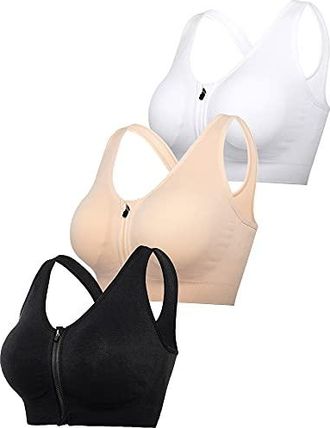 DODOING Lot de 3 soutiens-gorge de sport &agrave; fermeture &eacute;clair sur le devant pour femme - Soutien-gorge de yoga - Soutien-gorge de sport rembourr&eacute; dos nageur, No